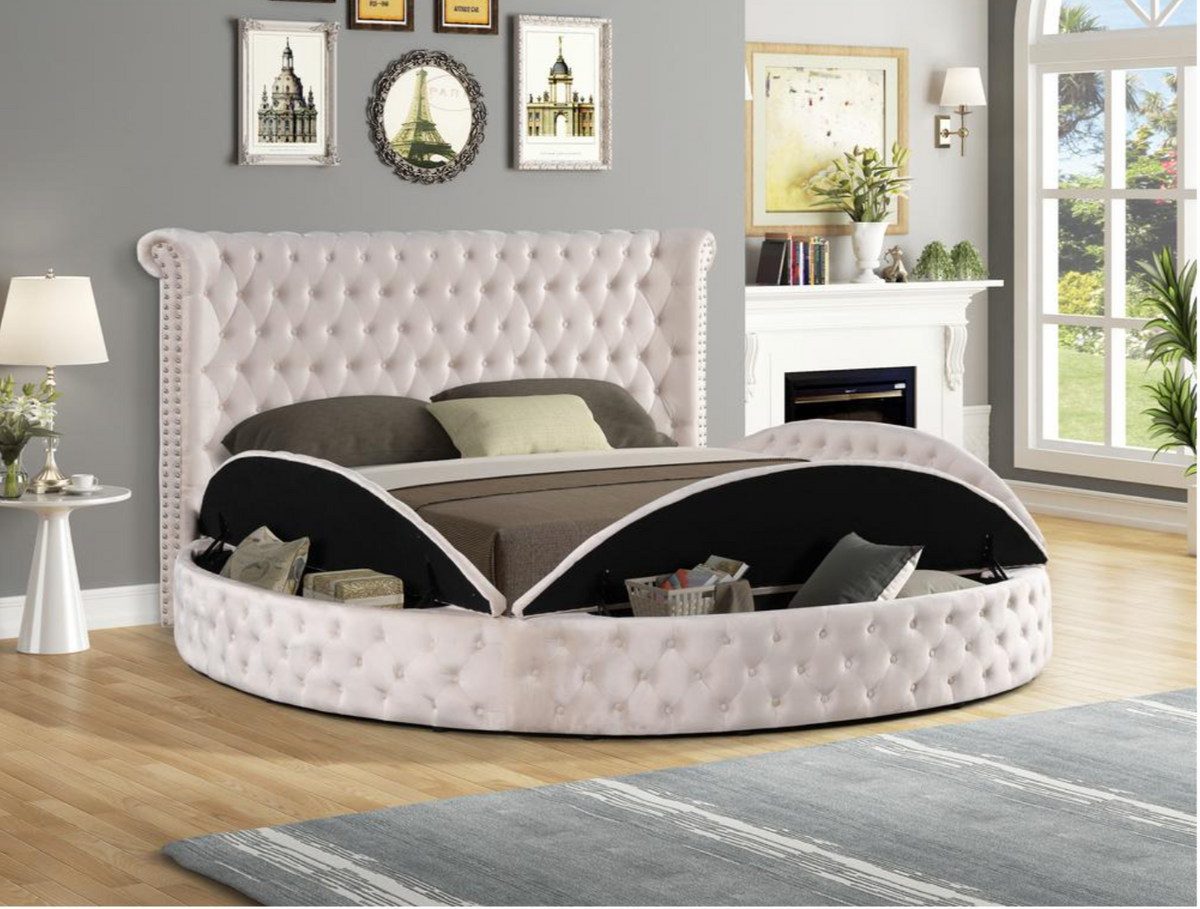 Isabella Round Platform Storage Bed (Beige) – Fully Furnished